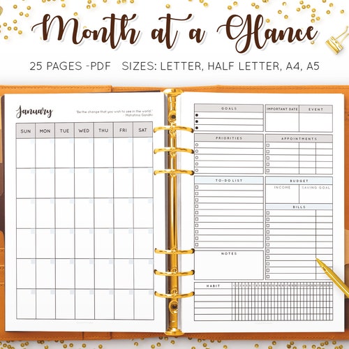 Month at a Glance Planner Printable PDF color Month Goals - Etsy