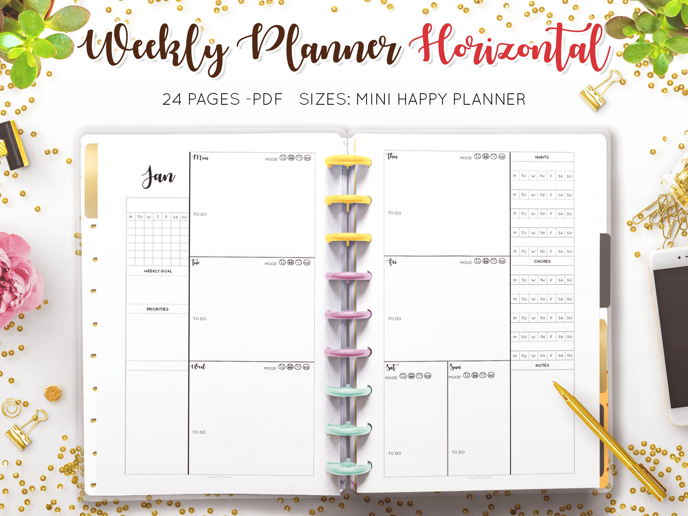 Weekly Planner Undated Horizontal Layout 2 Page Agenda Organizer Habit ...
