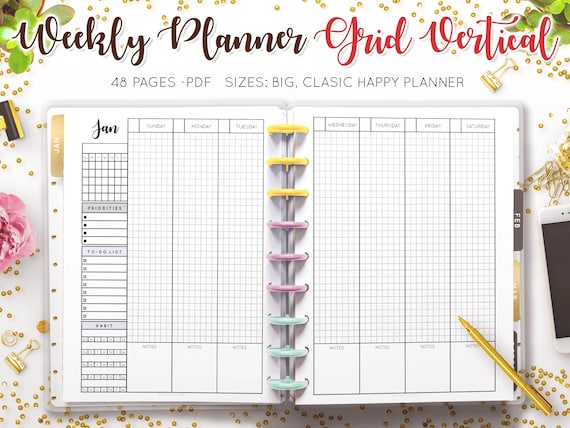 Weekly Planner Undated Grid Line Vertical Layout 2 Page - Etsy