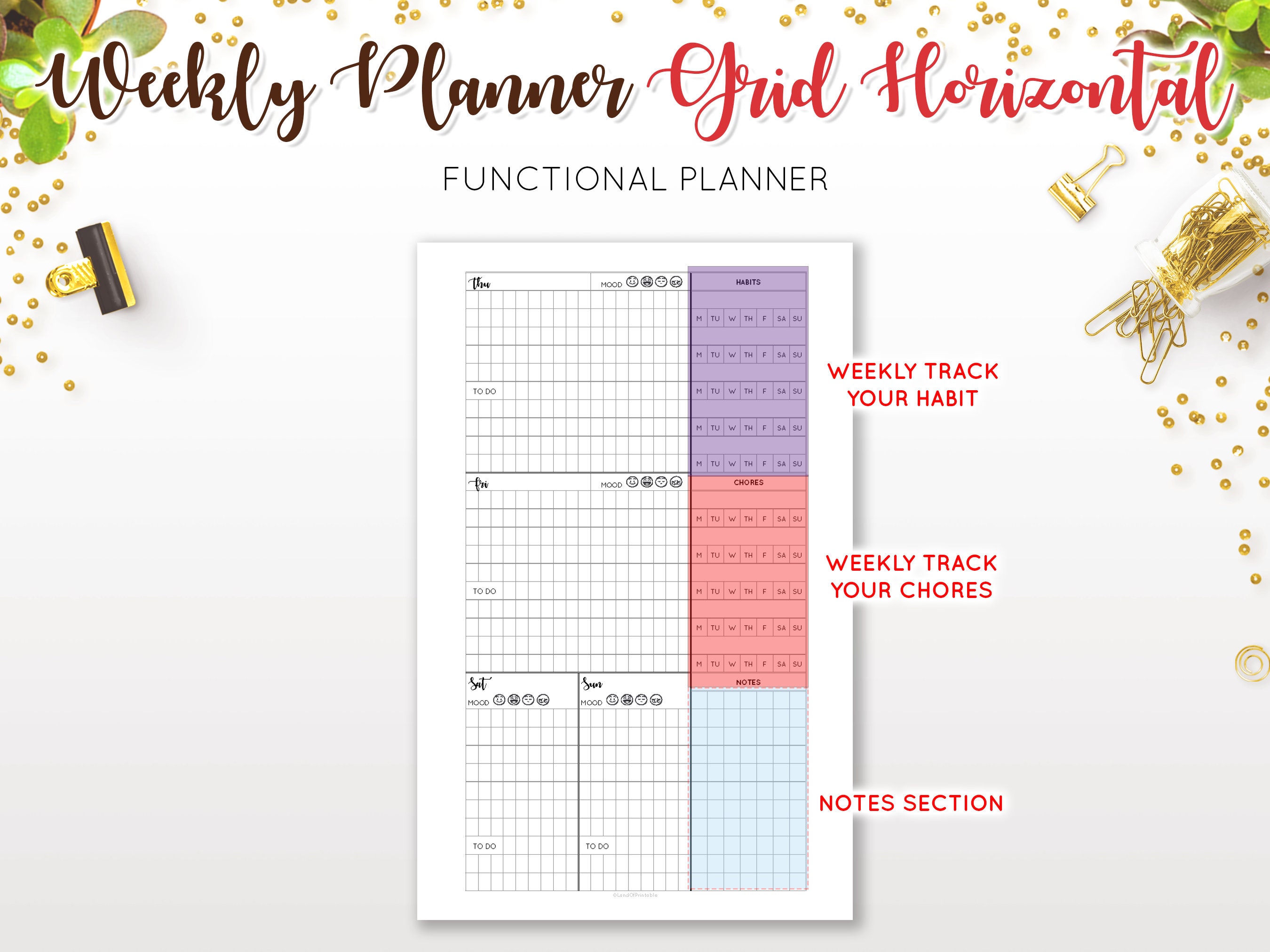 Weekly Planner Undated Grid Line Horizontal Layout 2 Page Agenda ...