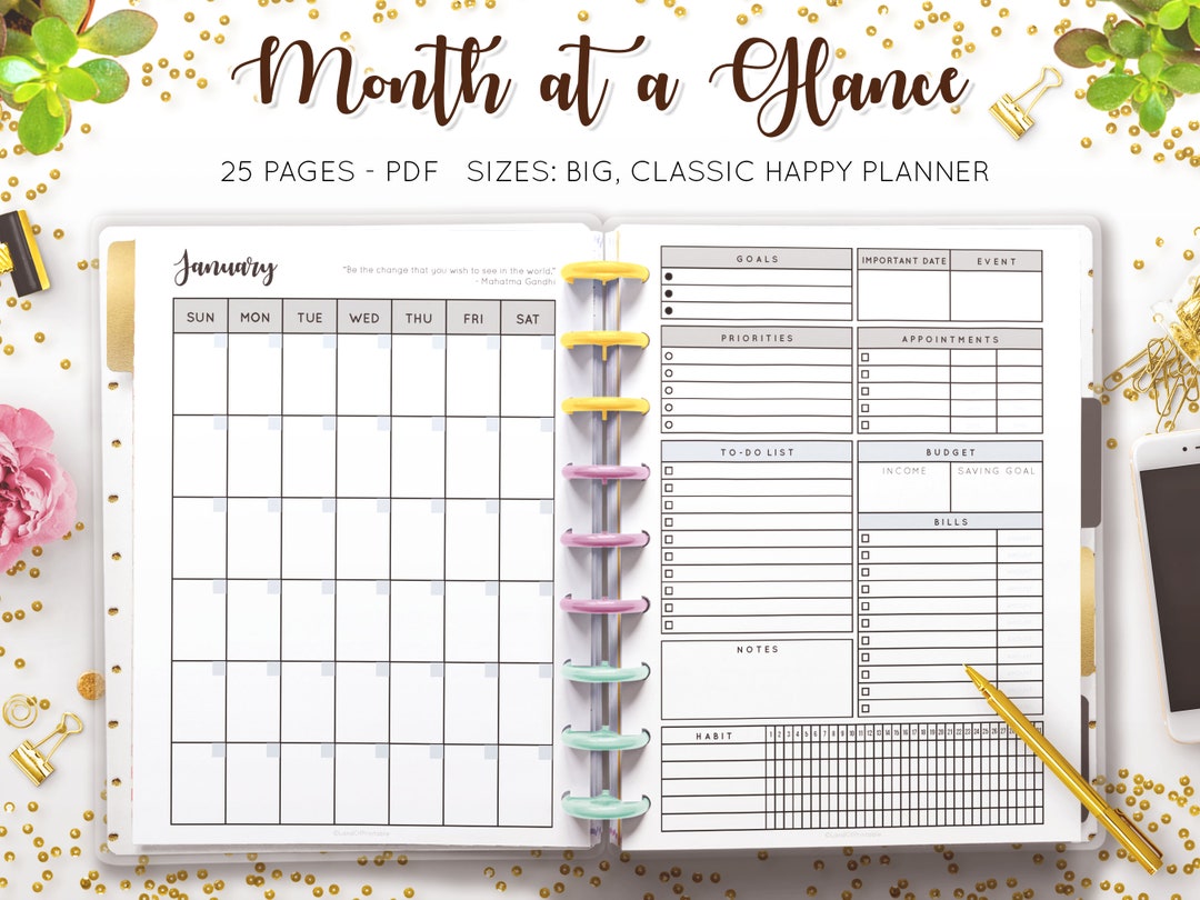 Month at a Glance Monthly Planner Undated Monthly Organizer Layout ...