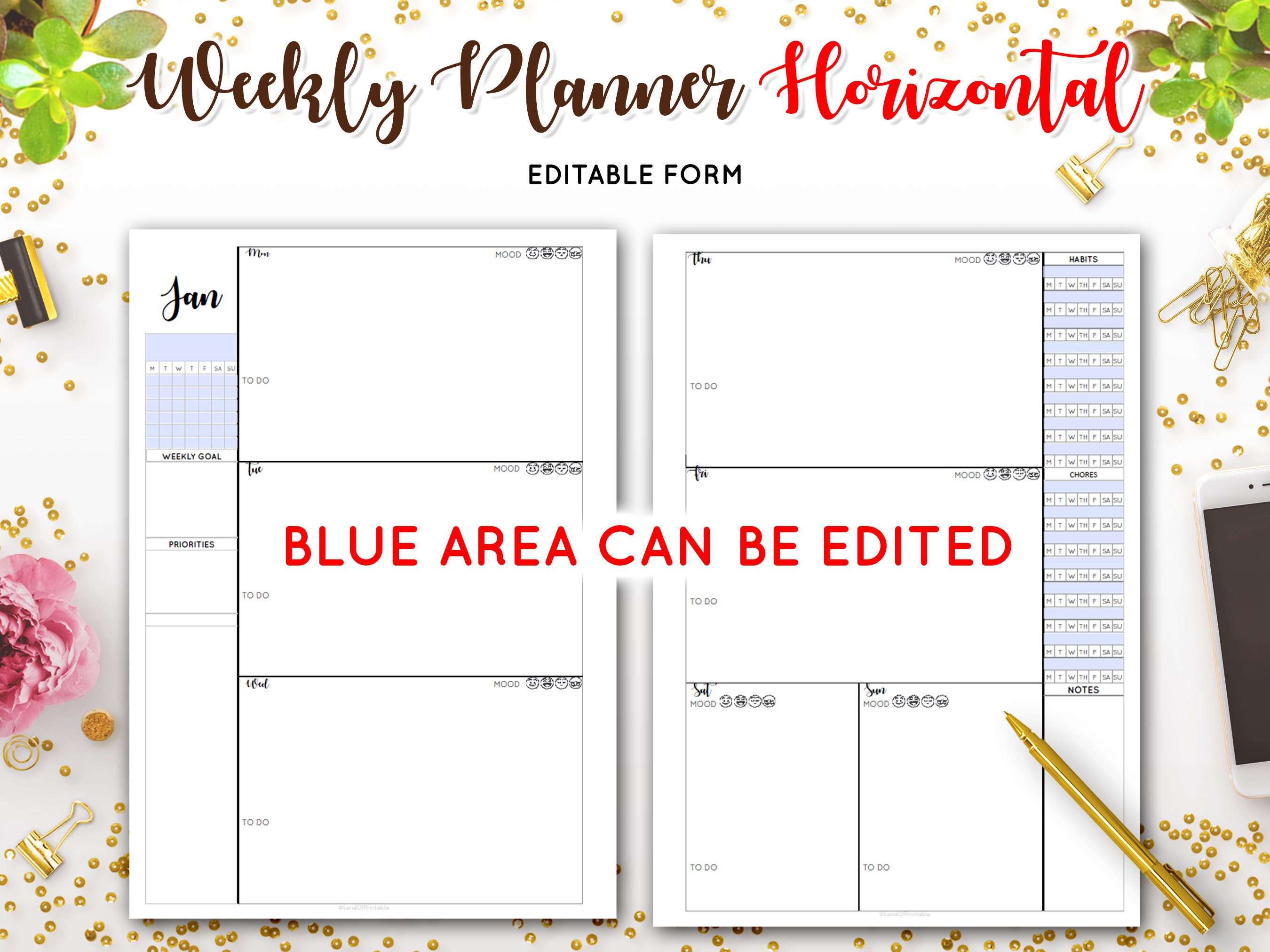 Weekly Planner Undated Horizontal Layout 2 Page Worksheet | Etsy