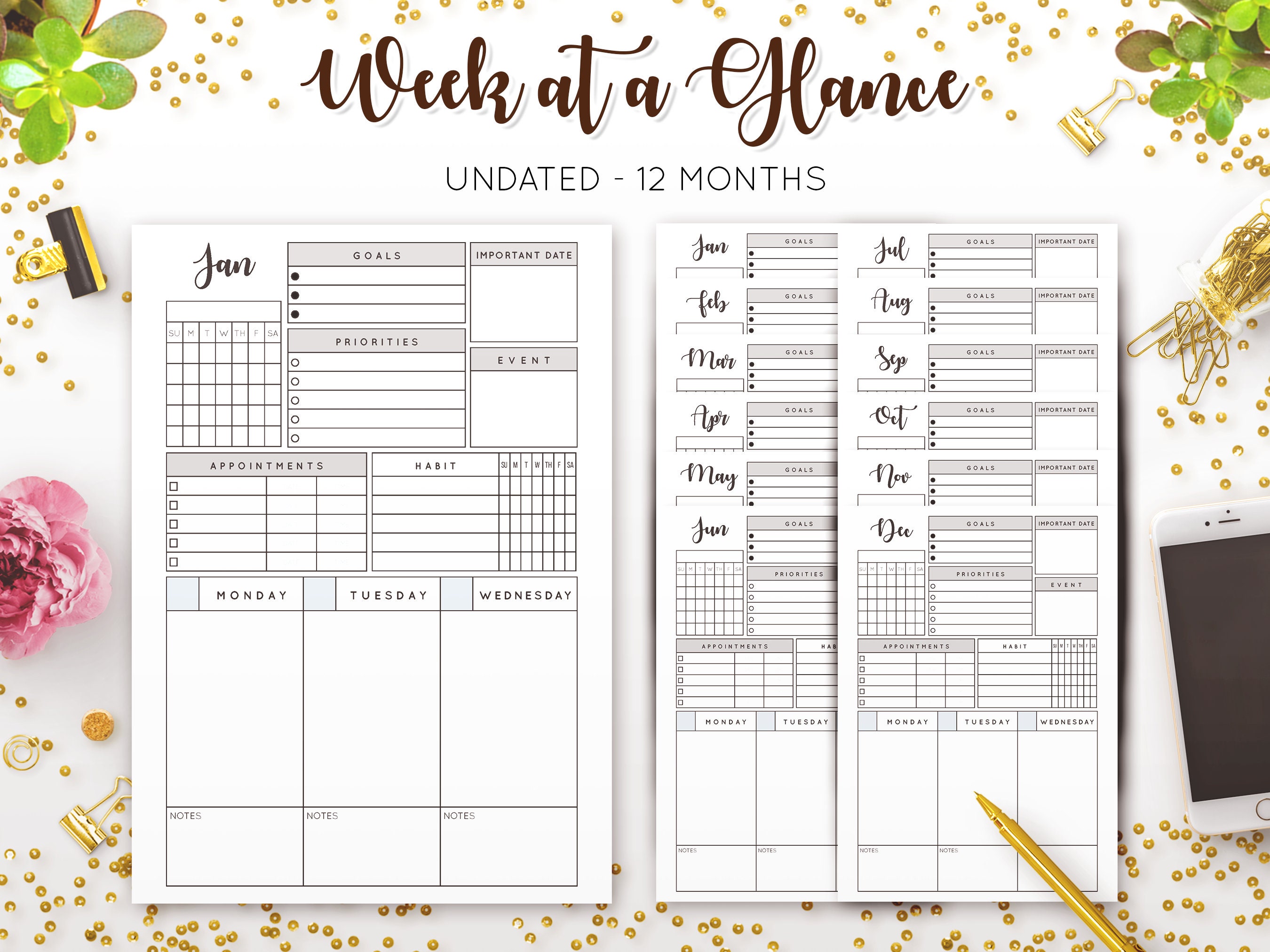 Week at a Glance Weekly Planner Undated Worksheet Template - Etsy