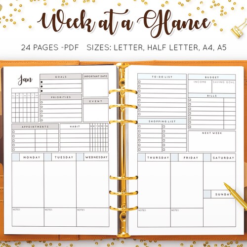 Week at a Glance Weekly Planner Undated Worksheet Template - Etsy