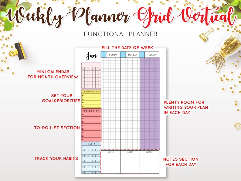 Weekly Planner Undated Grid Line Vertical Layout 2 Page - Etsy