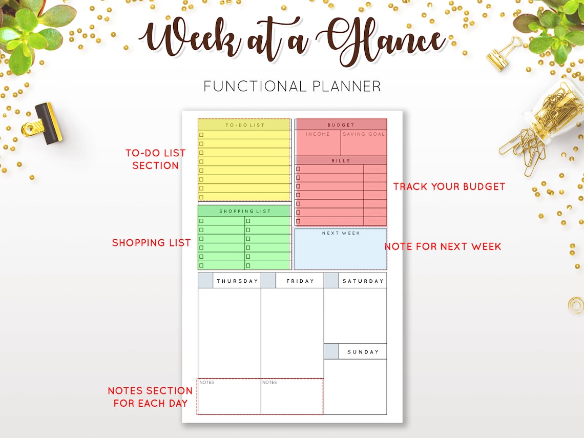 Week at a Glance, Weekly Planner Undated, Worksheet Template, Organizer ...