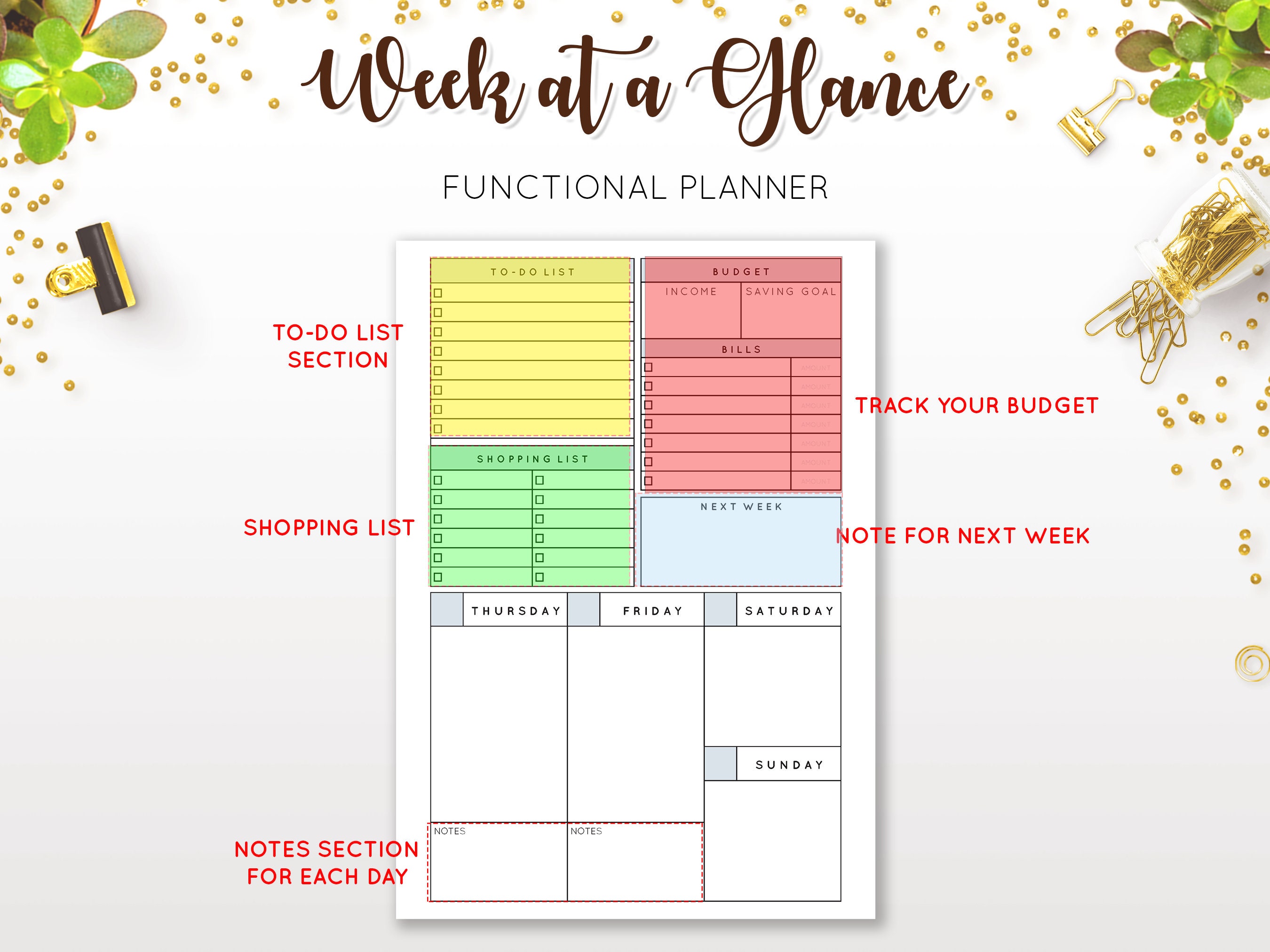 Week at a Glance Weekly Planner Undated Worksheet Template - Etsy