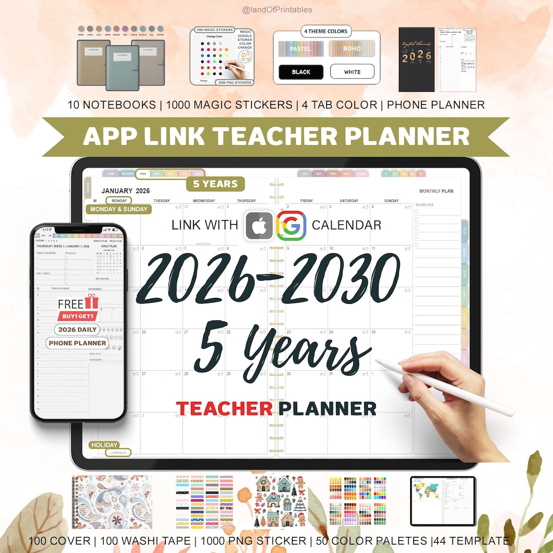 Digital Teacher Planner, 2026 -2030 Digital Planner, Goodnotes Planner ...