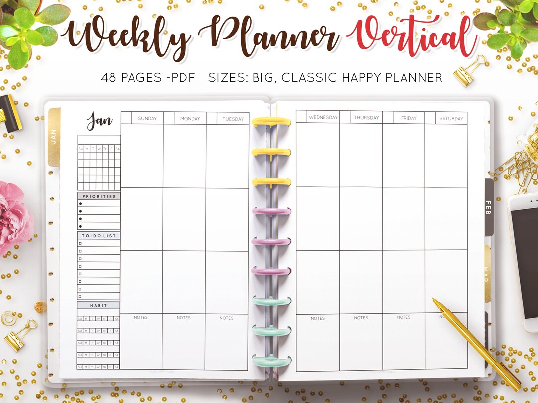 Weekly Planner Undated Vertical Layout 2 Page Worksheet Agenda ...