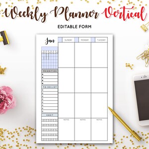Weekly Planner Undated Vertical Layout 2 Page Worksheet Agenda Organizer Functional Habit ...