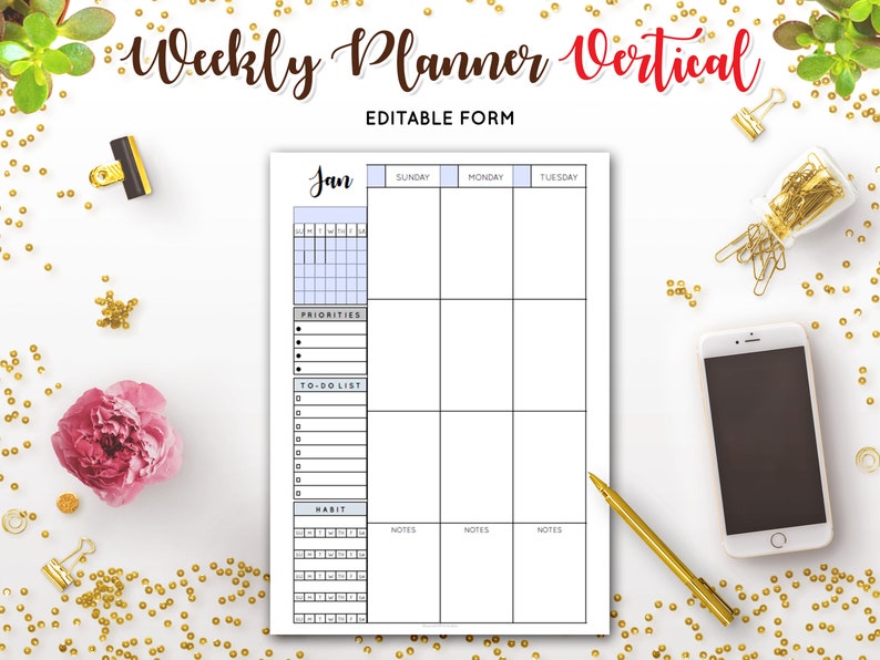 Weekly Planner Undated Vertical Layout 2 Page Worksheet Agenda ...