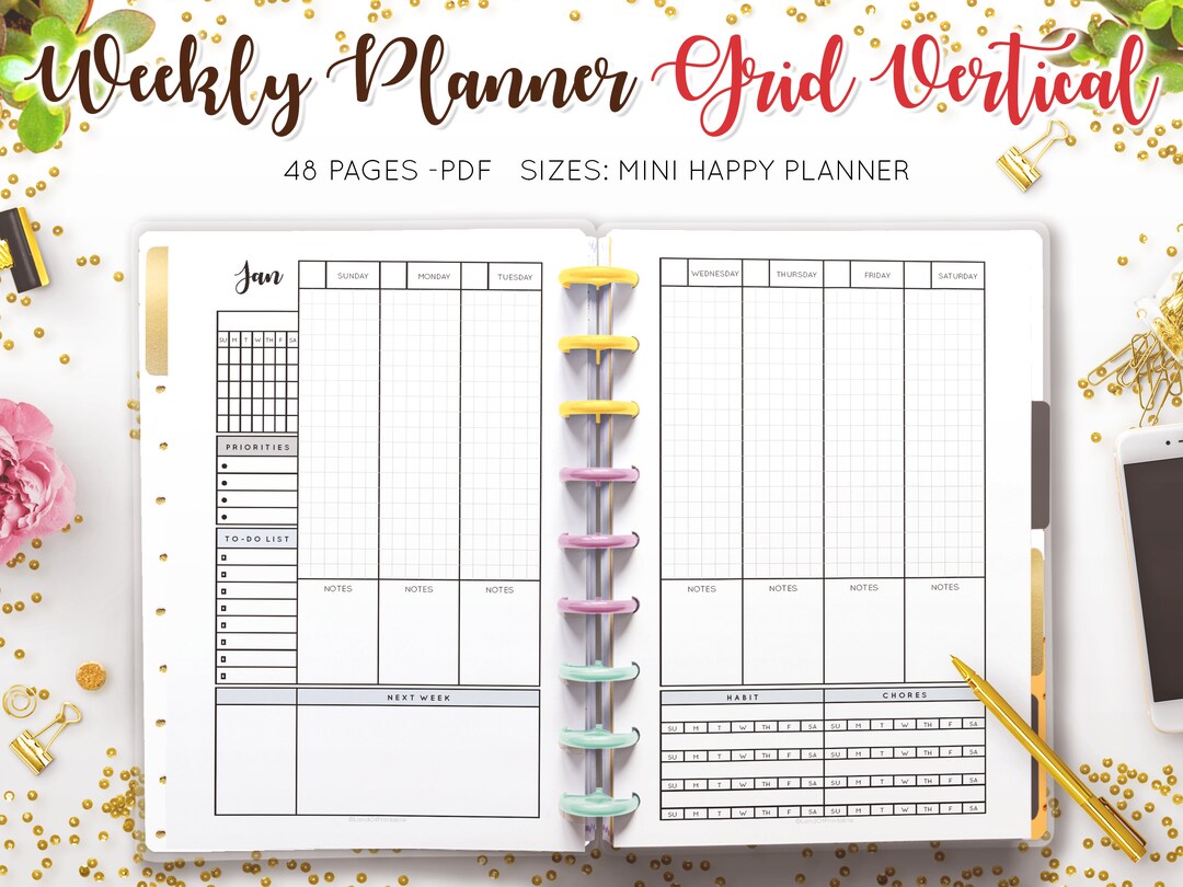 Weekly Planner Undated Grid Line Vertical Layout 2 Page Worksheet Habit ...