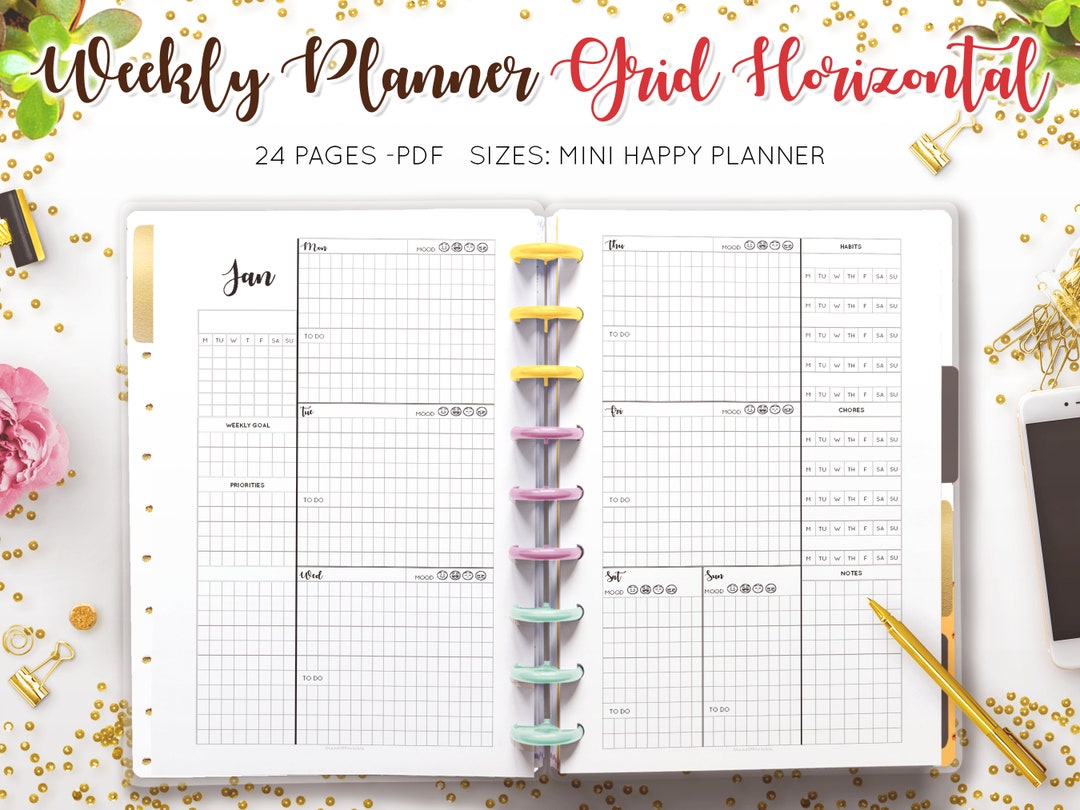 Weekly Planner Undated Grid Line Horizontal Layout 2 Page Agenda ...