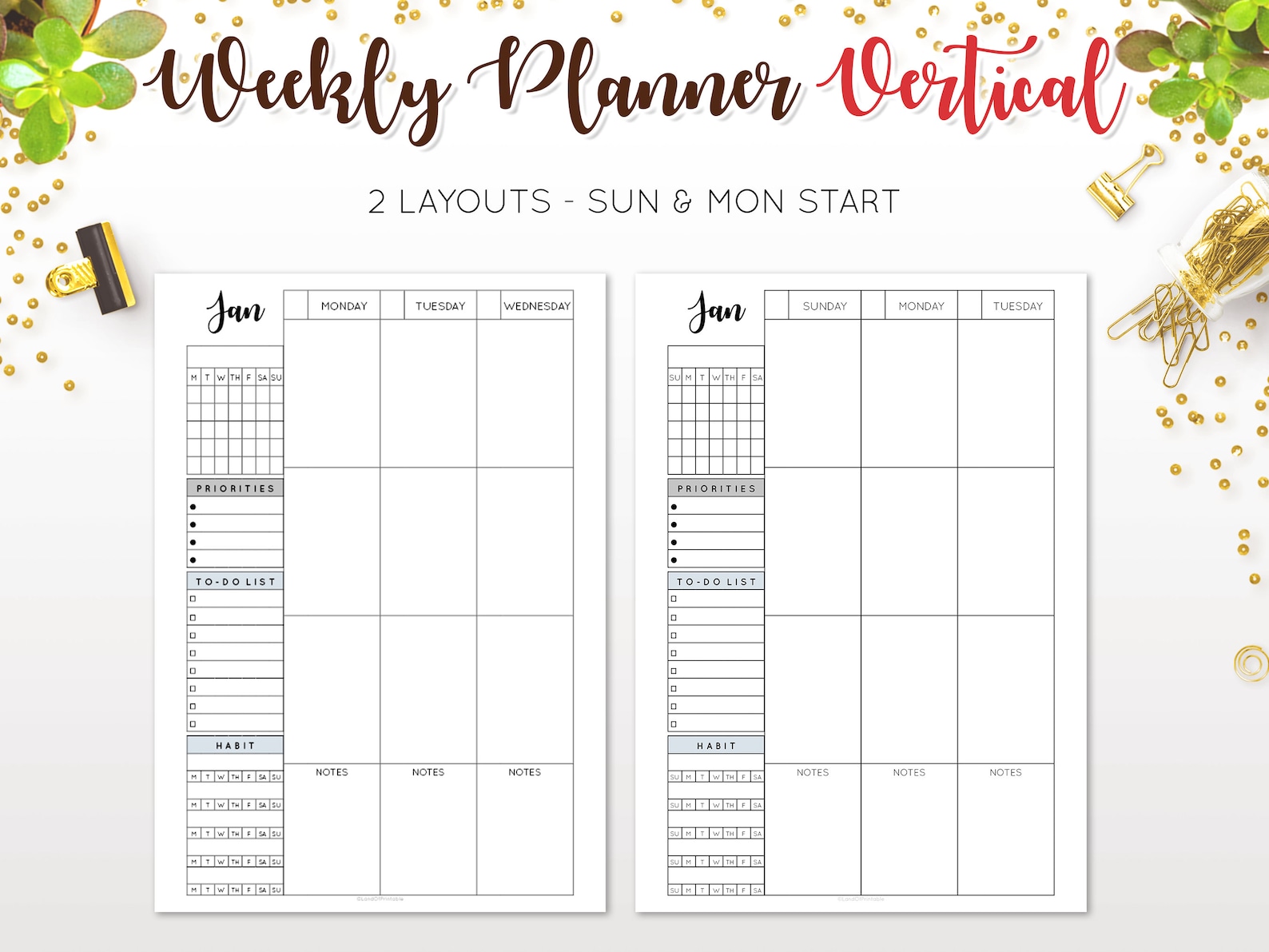 Weekly Planner Undated Vertical Layout 2 Page Worksheet Agenda Organizer Functional Habit ...