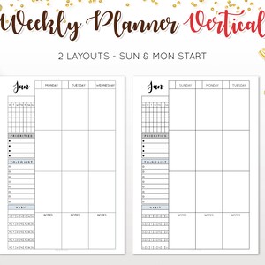 Weekly Planner Undated Vertical Layout 2 Page Worksheet Agenda Organizer Functional Habit ...