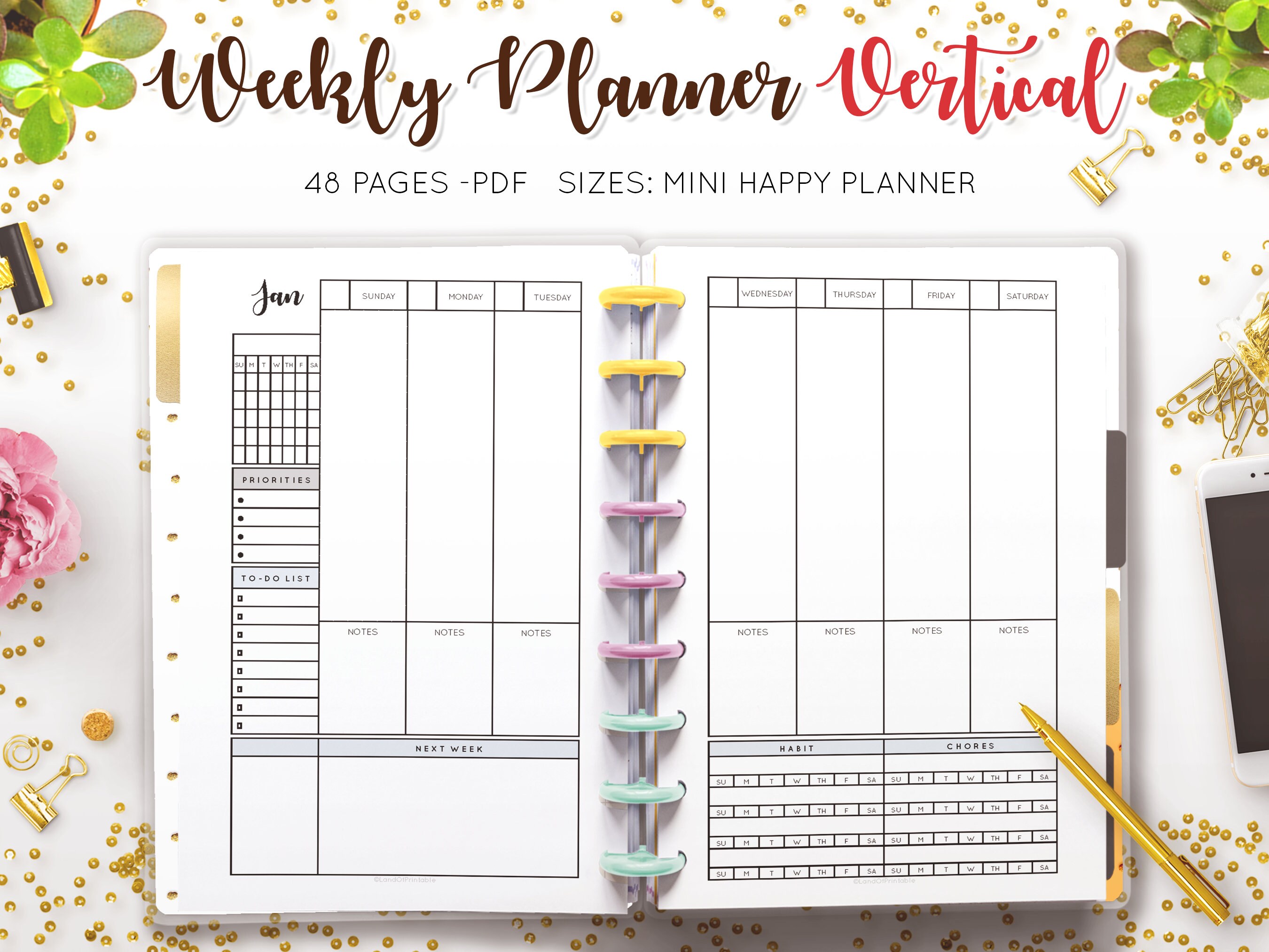 Weekly Planner Undated Vertical Layout 2 Page Worksheet Organizer Habit Tracker to Do List Mambi ...