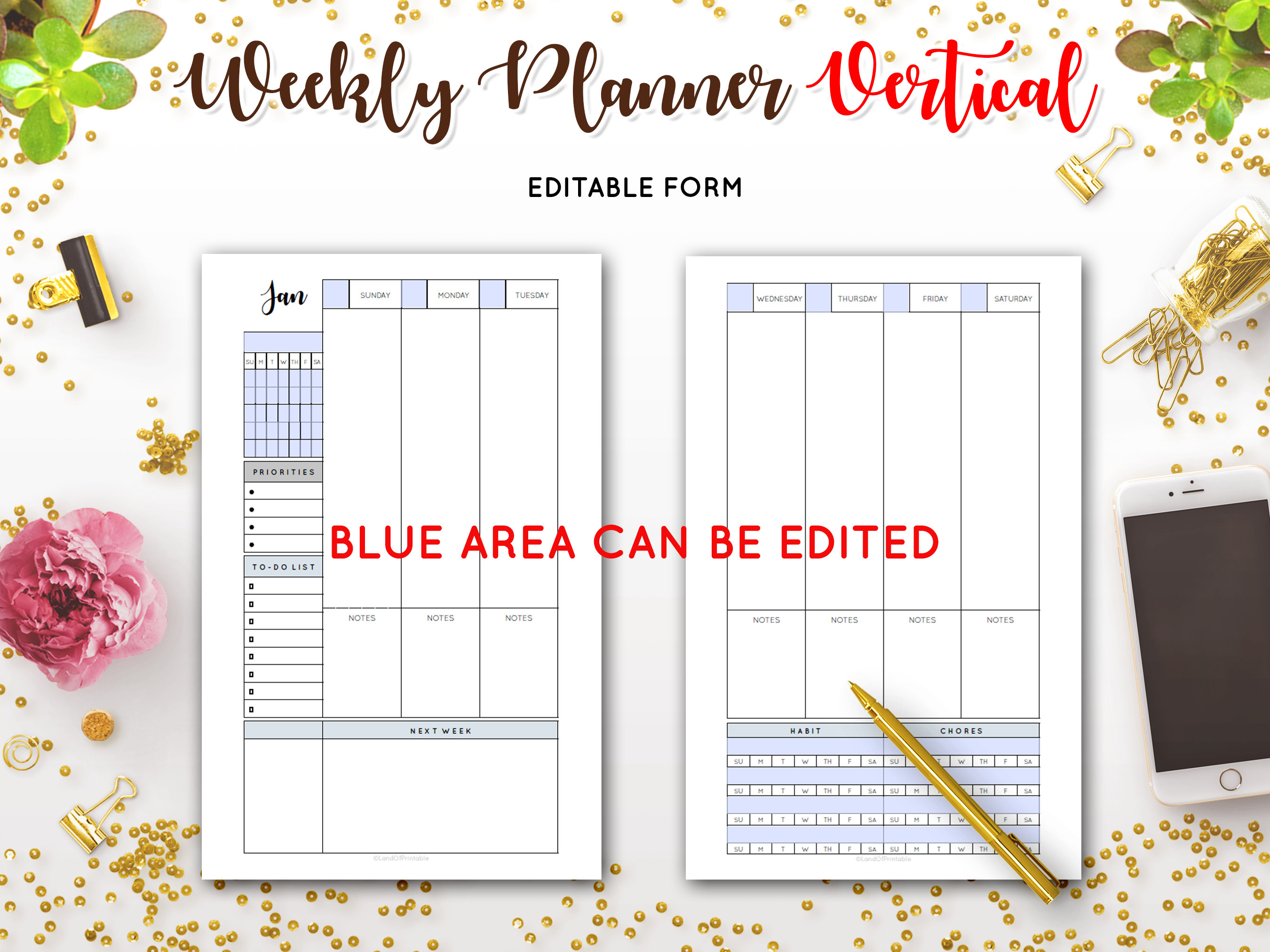 Weekly Planner Undated Vertical Layout 2 Page Worksheet Organizer Habit ...