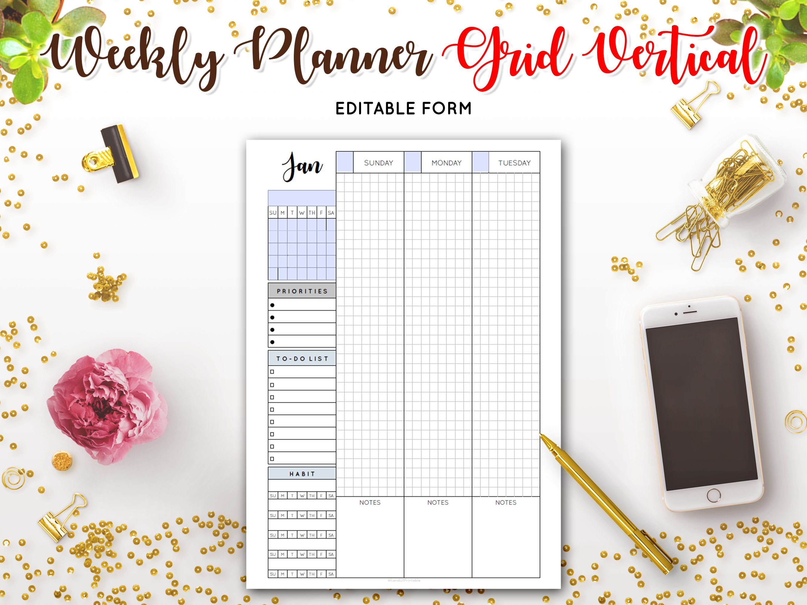 Weekly Planner Undated Grid Line Vertical Layout 2 Page Worksheet ...