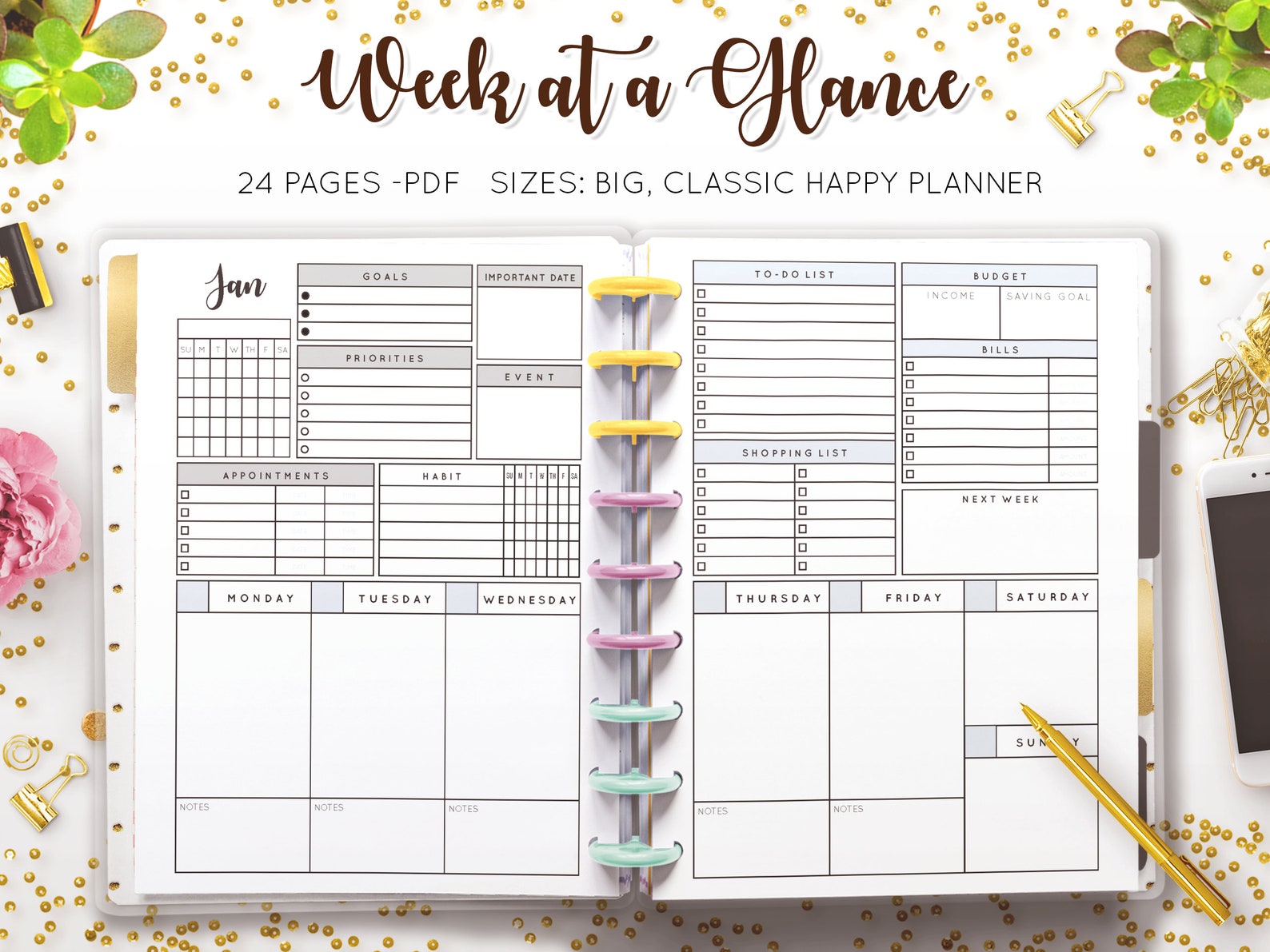 Week at a Glance Weekly Planner Undated Worksheet Template - Etsy