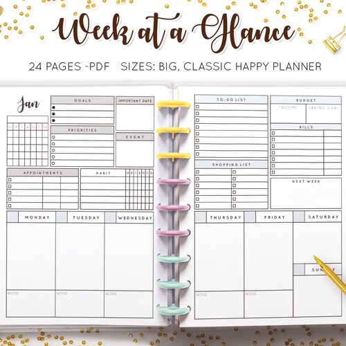 Week at a Glance Weekly Planner Undated Worksheet Template - Etsy