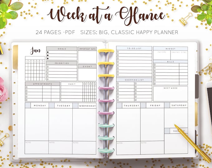 Week at a Glance Weekly Planner Undated Worksheet Template - Etsy