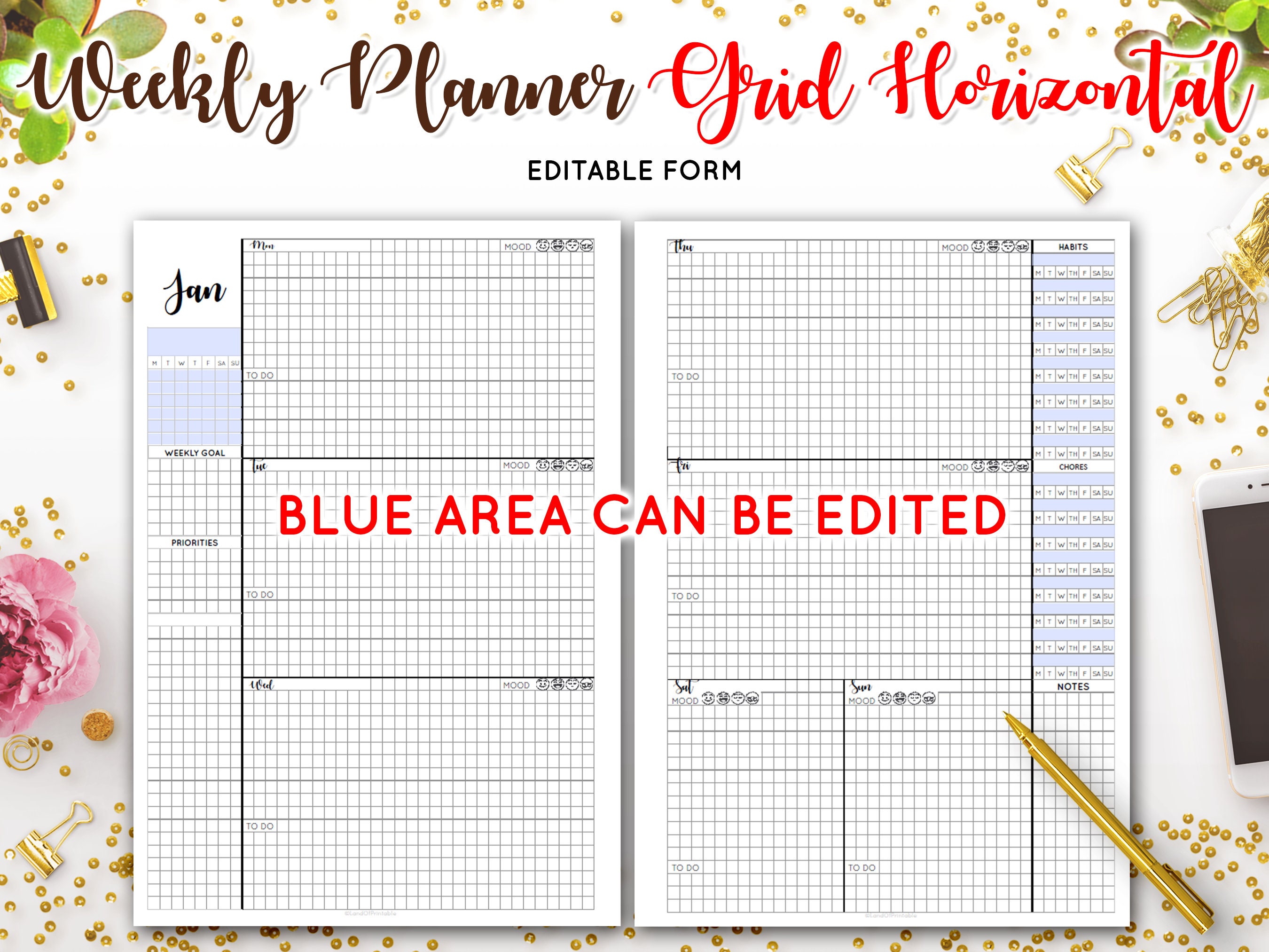 Weekly Planner Undated Grid Line Horizontal Layout 2 Page Agenda ...