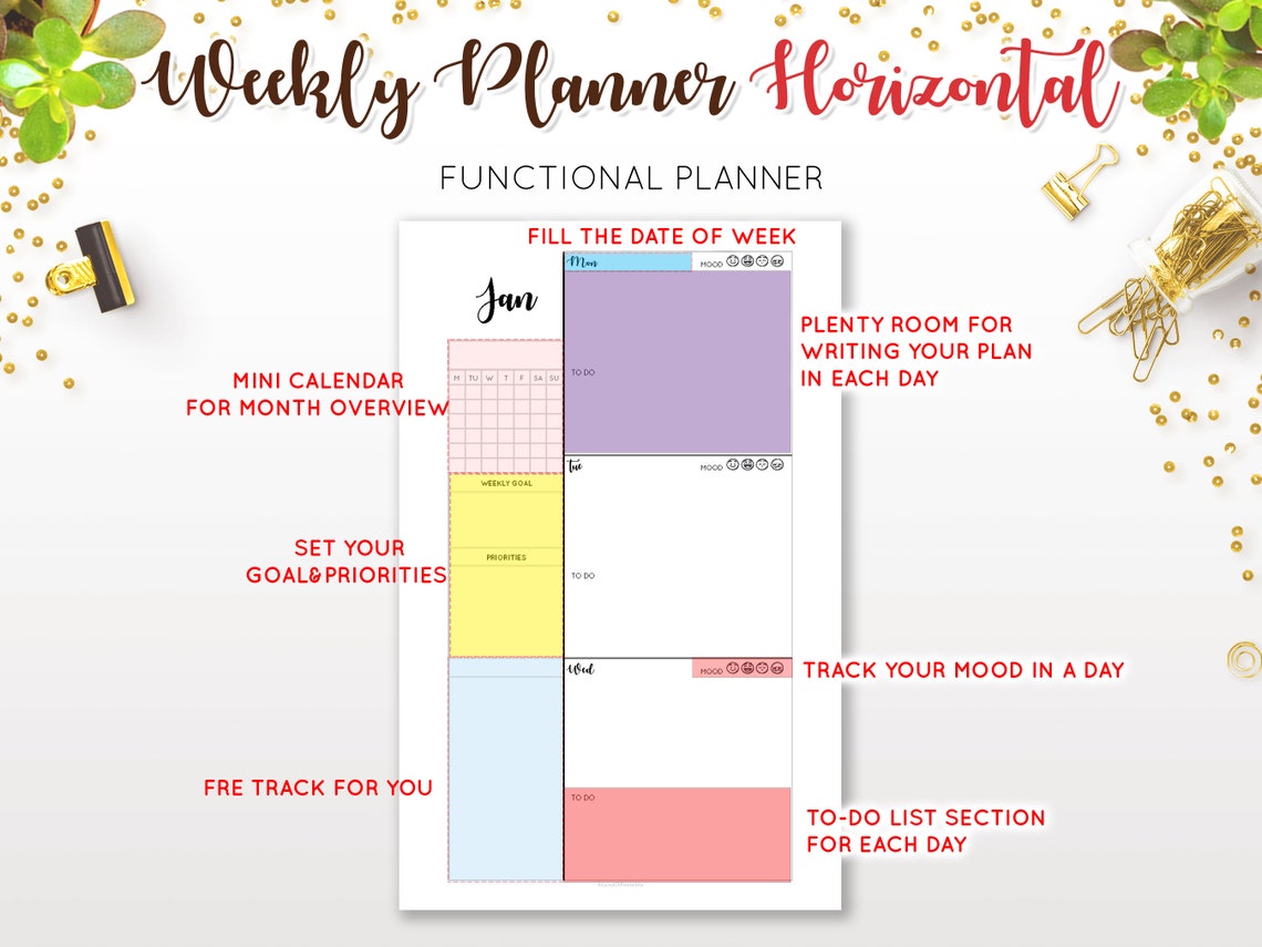 Weekly Planner Undated Horizontal Layout 2 Page Agenda Organizer Habit ...