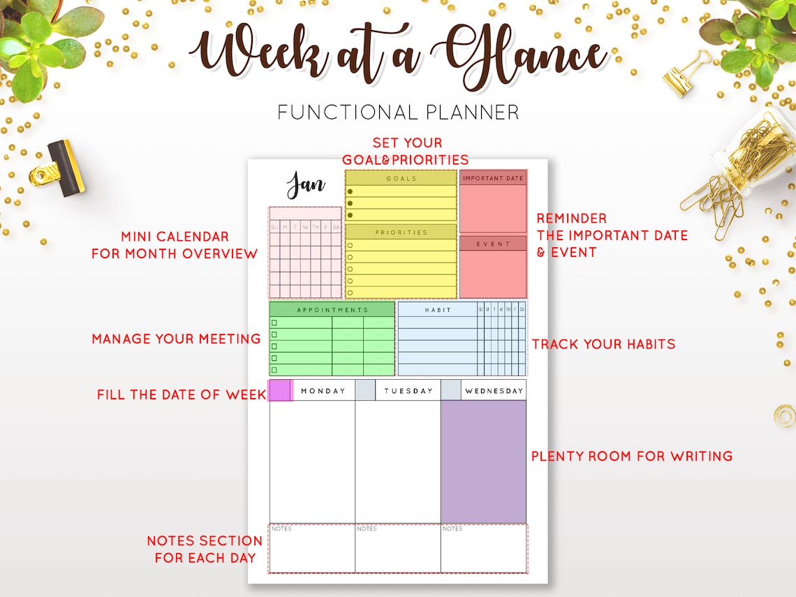 Week at a Glance Weekly Planner Undated Worksheet Template - Etsy
