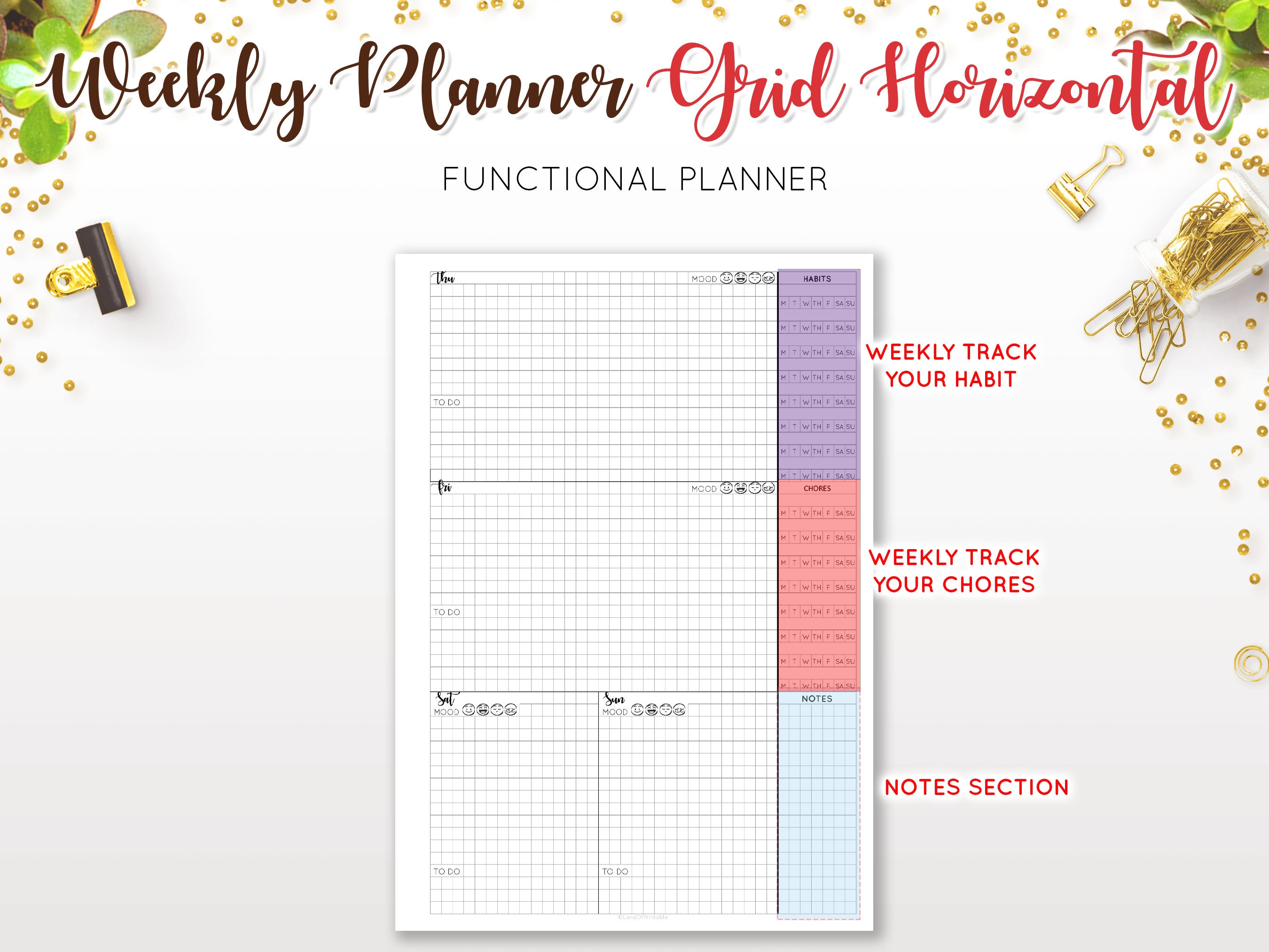 Weekly Planner Undated Grid Line Horizontal Layout 2 Page Agenda ...