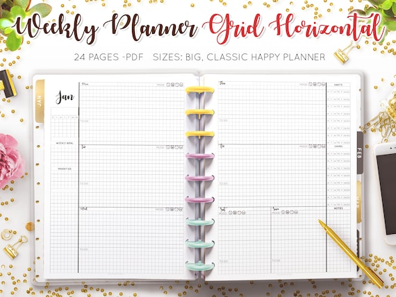 Weekly Planner Undated Grid Line Horizontal Layout 2 Page - Etsy
