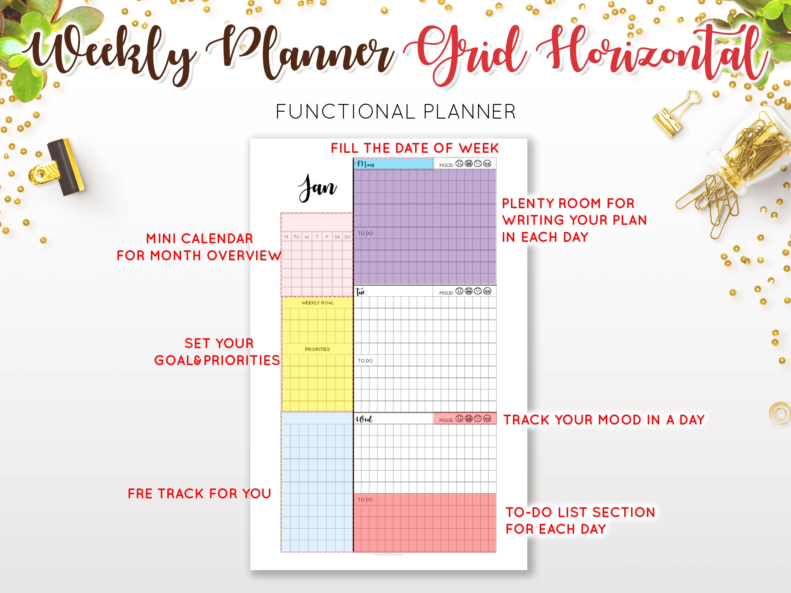 Weekly Planner Undated Grid Line Horizontal Layout 2 Page Agenda ...