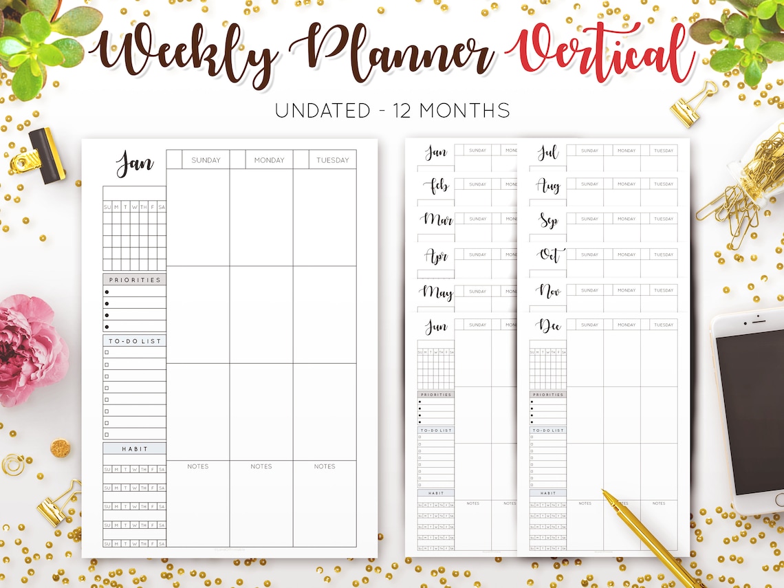 Weekly Planner Undated Vertical Layout 2 Page Worksheet Agenda ...