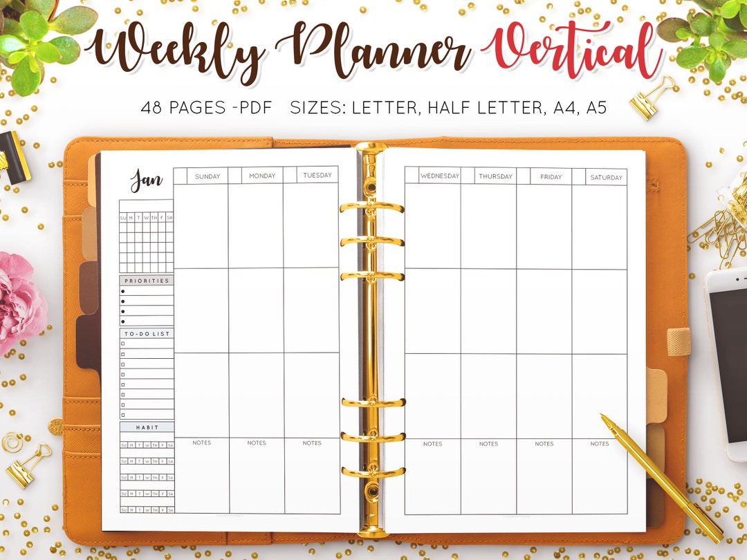 Weekly Planner Undated Vertical Layout 2 Page Worksheet Agenda ...