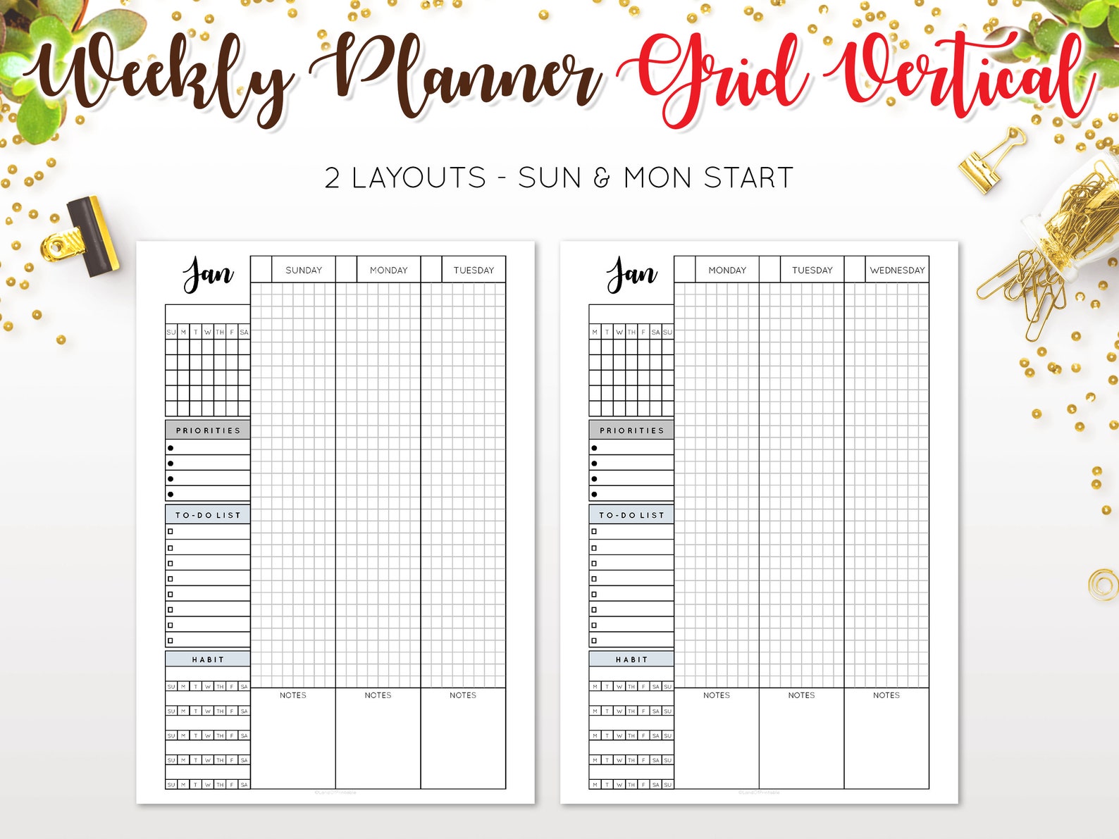 Weekly Planner Undated Grid Line Vertical Layout 2 Page Worksheet ...