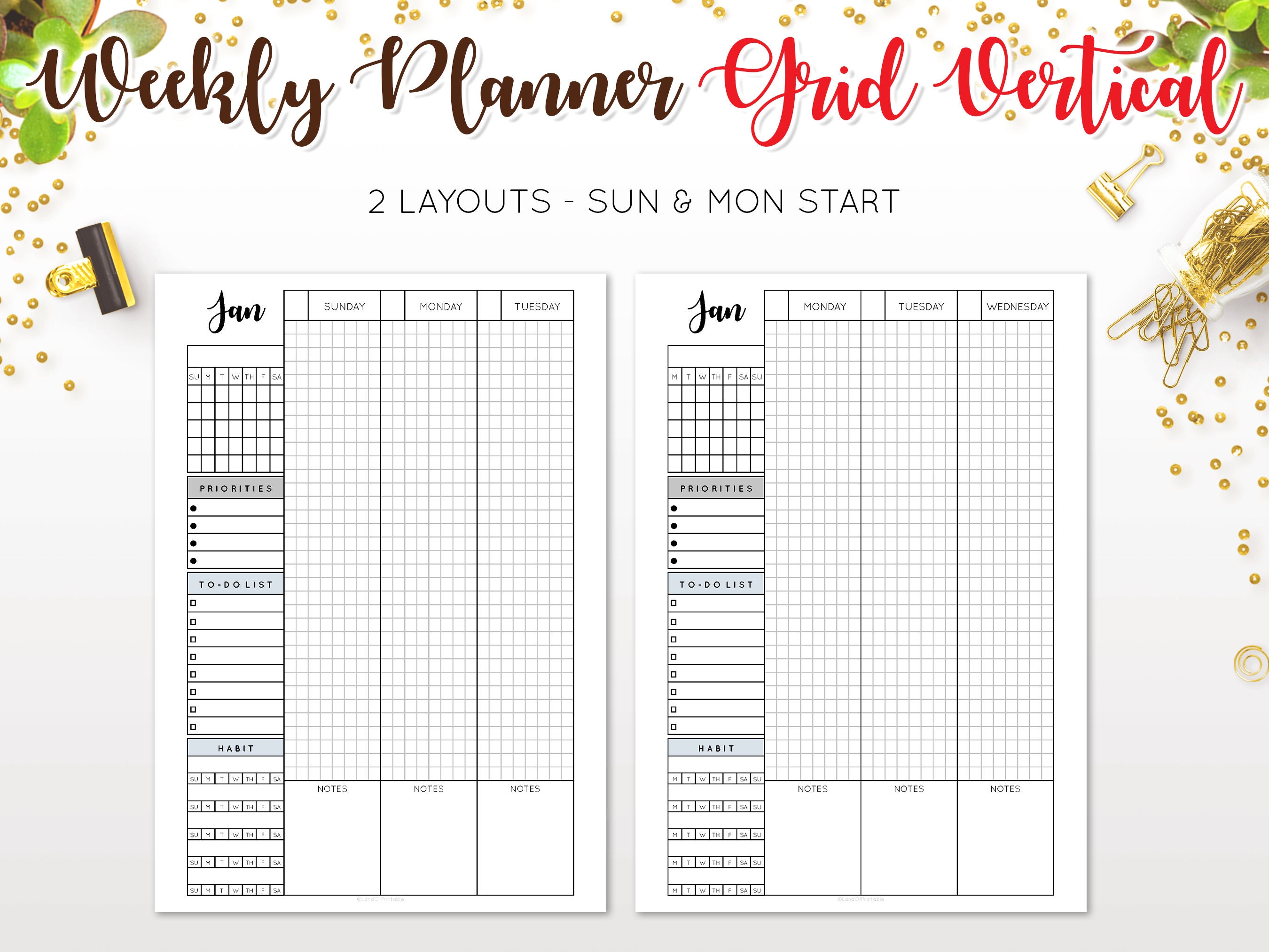 Weekly Planner Undated Grid Line Vertical Layout 2 Page Worksheet ...