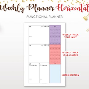Weekly Planner Undated Horizontal Layout 2 Page Agenda Organizer Habit ...
