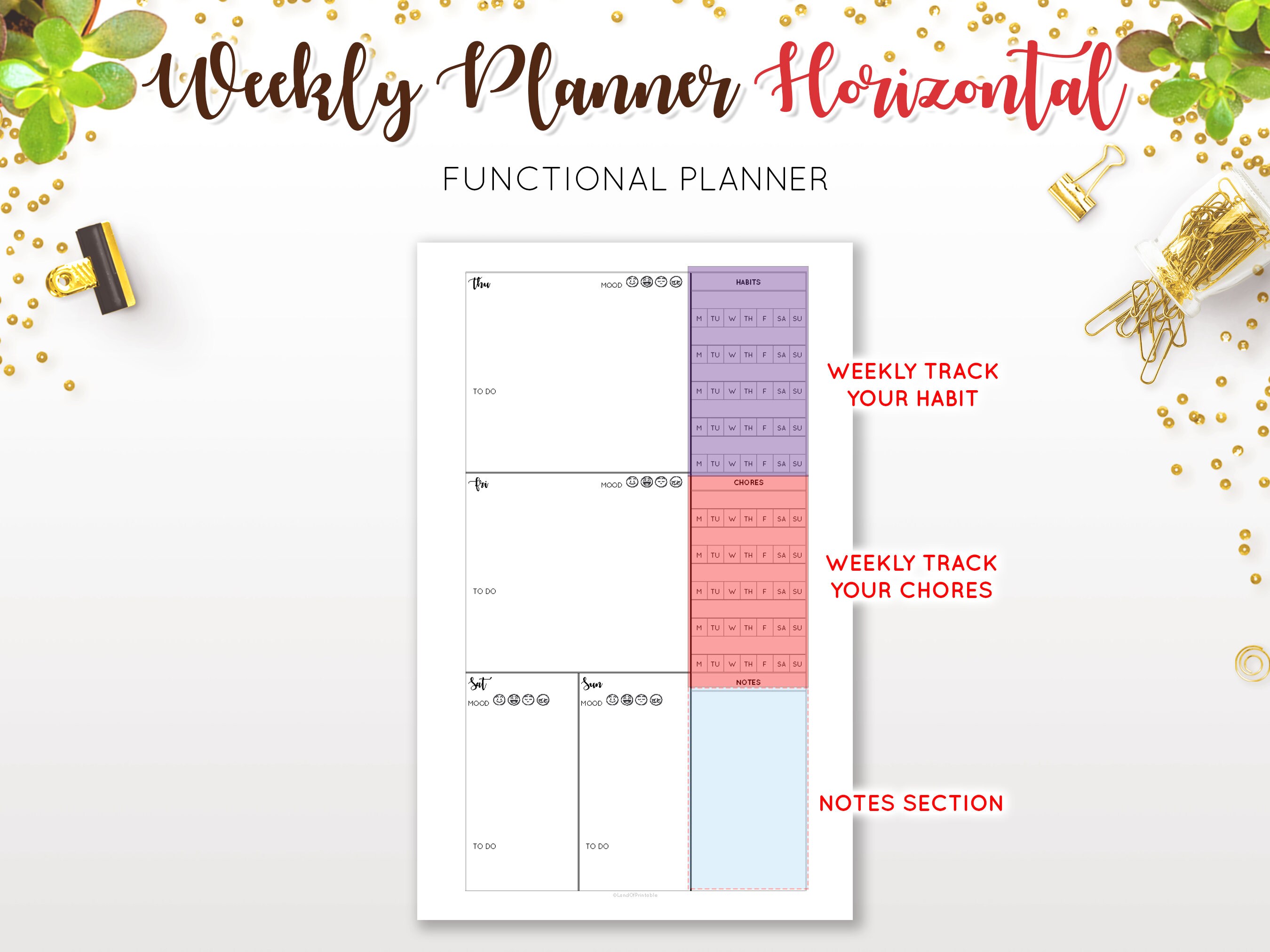 Weekly Planner Undated Horizontal Layout 2 Page Agenda Organizer Habit ...
