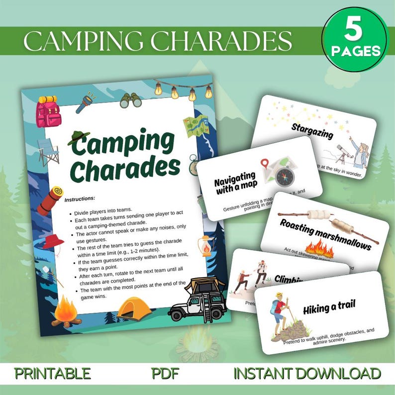 Camping Charades | Camping Birthday Party Game | Printable Campground ...