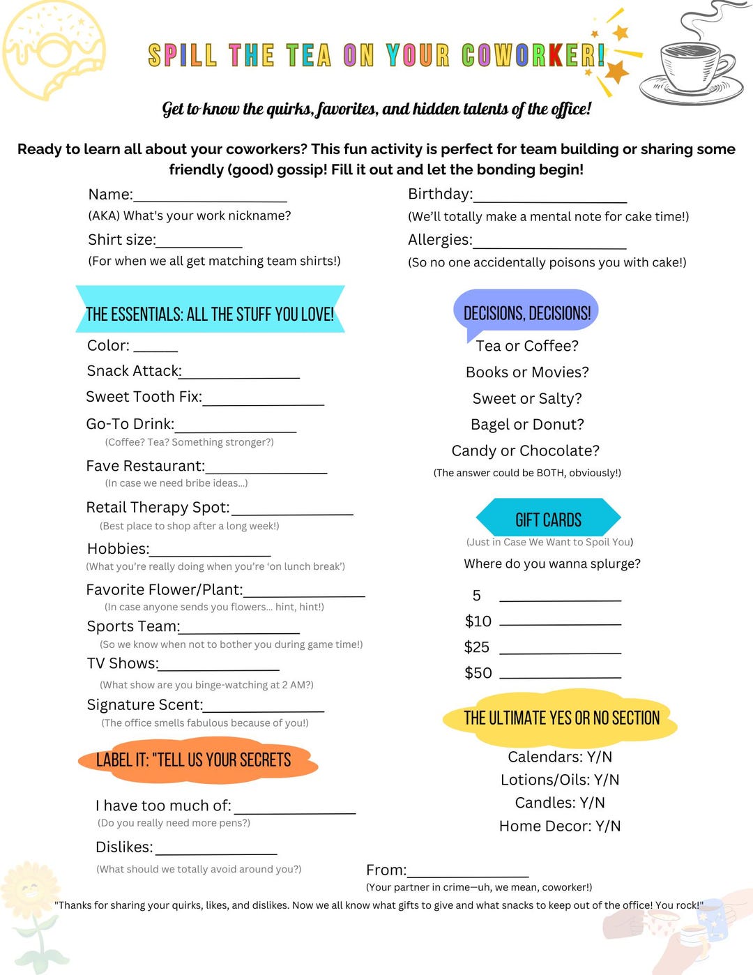 Get to Know Me Printable, My Favorite Things List, Team Building, New ...