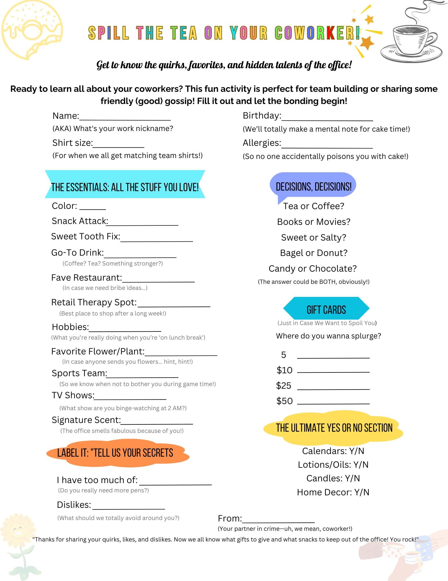 Get to Know Me Printable, My Favorite Things List, Team Building, New ...