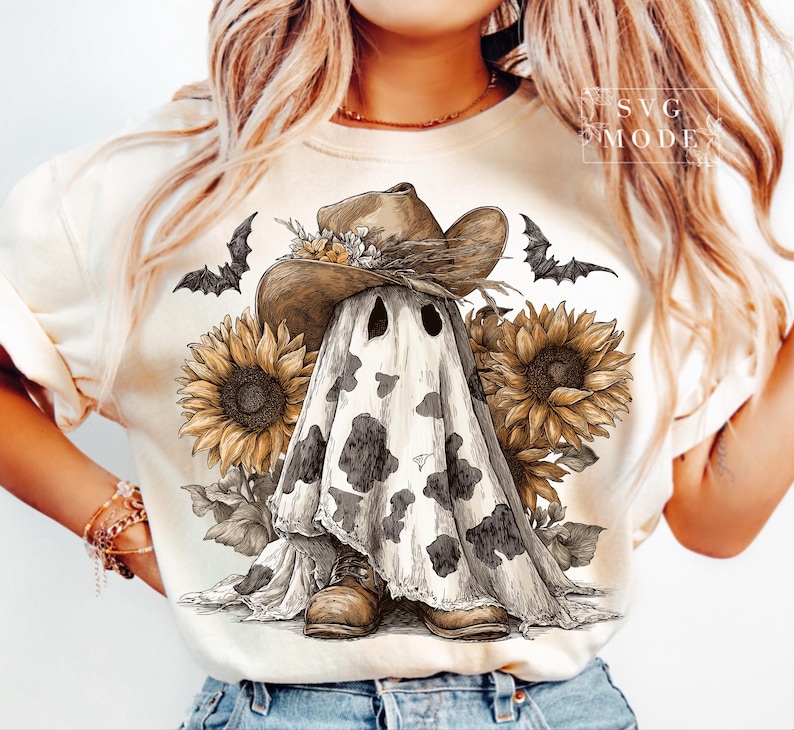 Boo Haw Ghost PNG, Cow Print Ghost With Cowboy Hat and Sunflowers ...