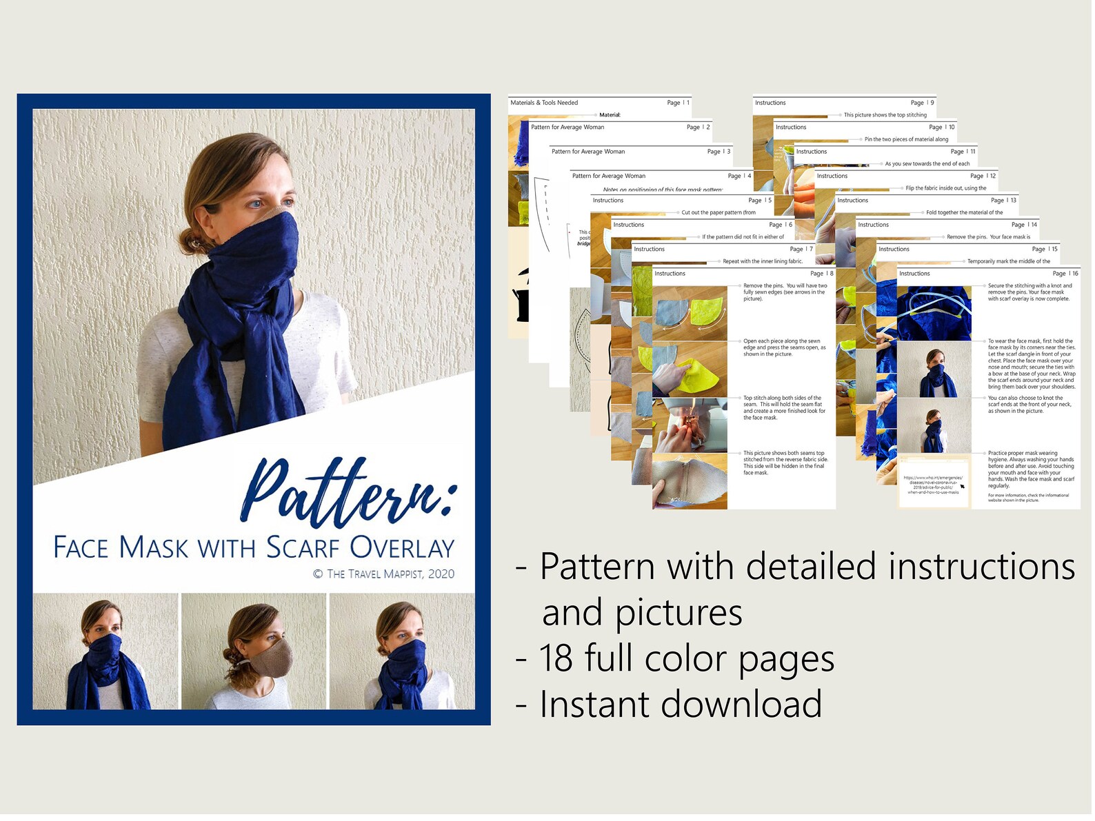 Face Mask Pattern - PDF Sewing Pattern | DIY Face Mask With Scarf ...