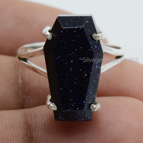 Coffin Ring Blue Sunstone Ring Sterling Silver Ring Prong - Etsy