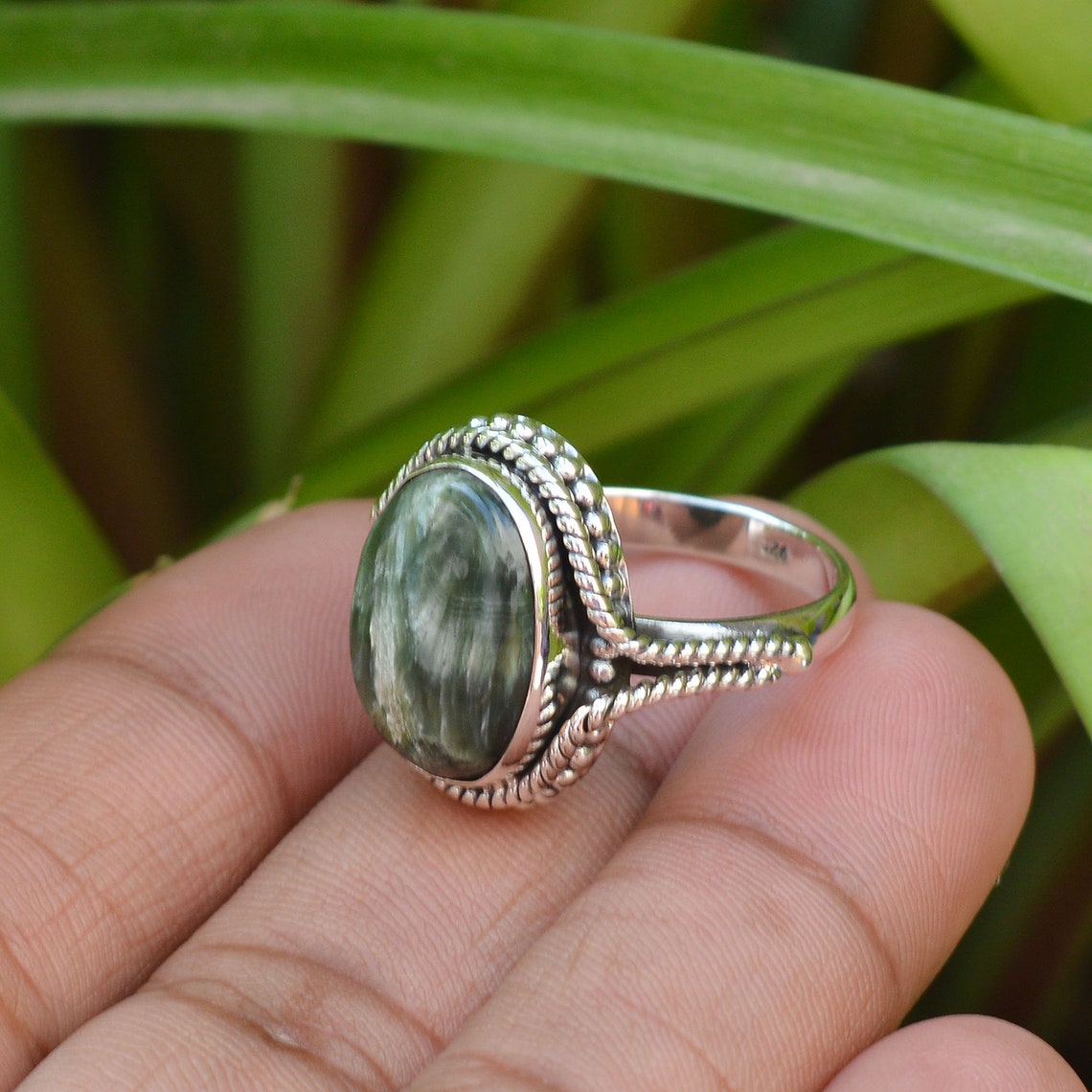 Green Seraphinite Ring Oxidized Silver Ring Gemstone Ring - Etsy