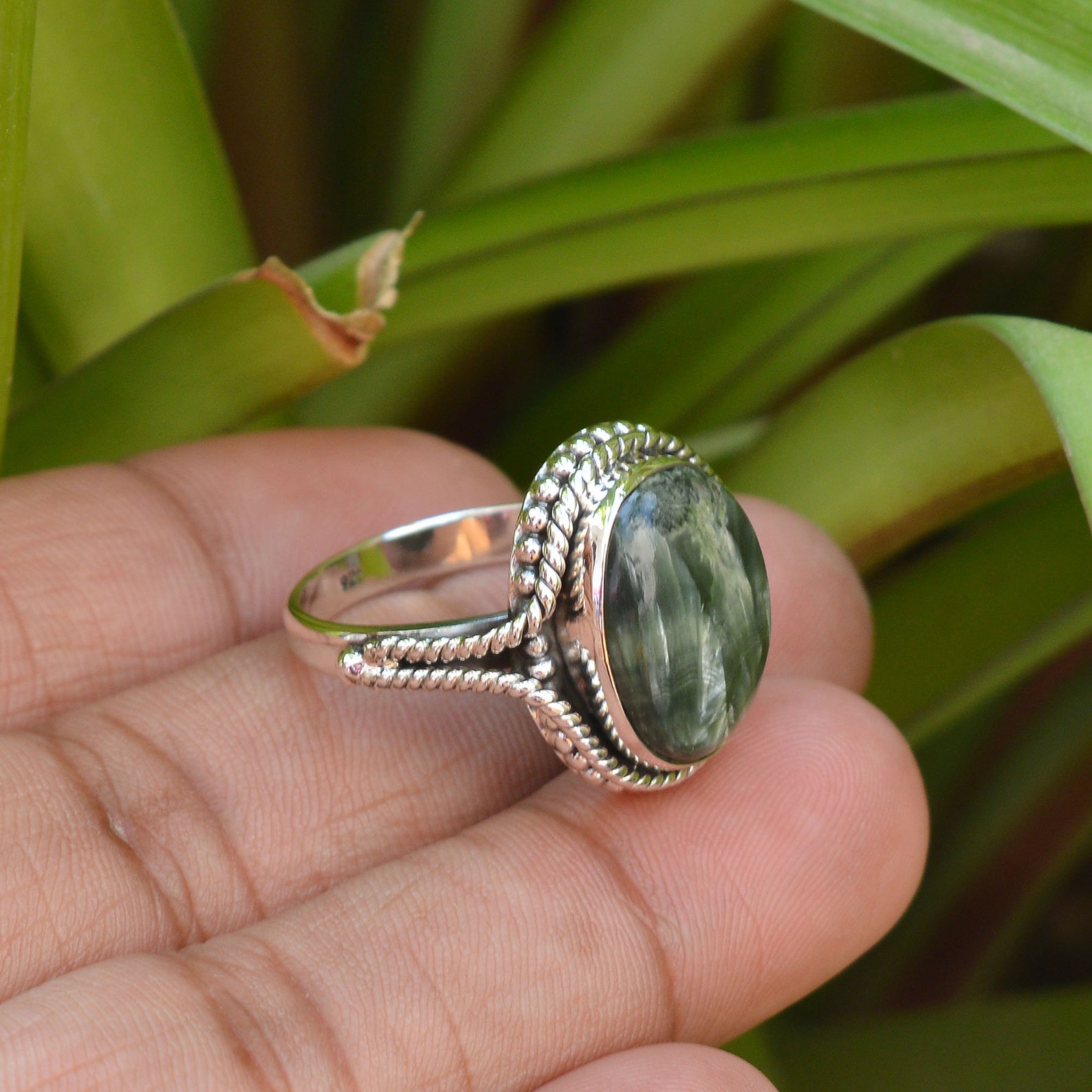 Green Seraphinite Ring Oxidized Silver Ring Gemstone Ring - Etsy