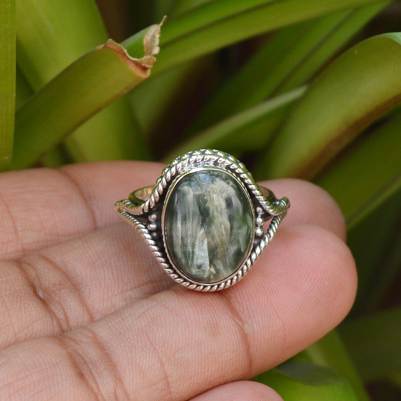Green Seraphinite Ring Oxidized Silver Ring Gemstone Ring - Etsy