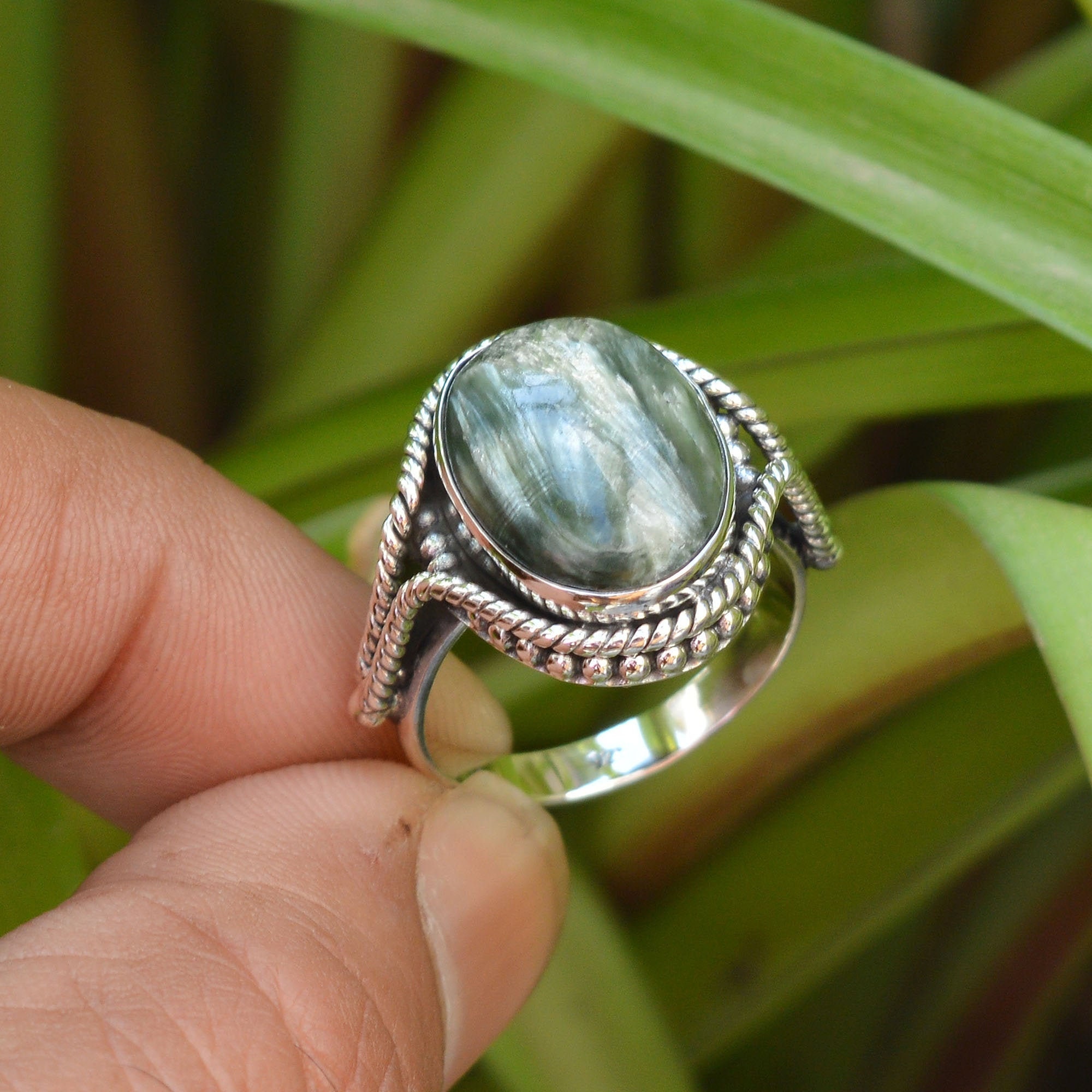 Green Seraphinite Ring Oxidized Silver Ring Gemstone Ring | Etsy