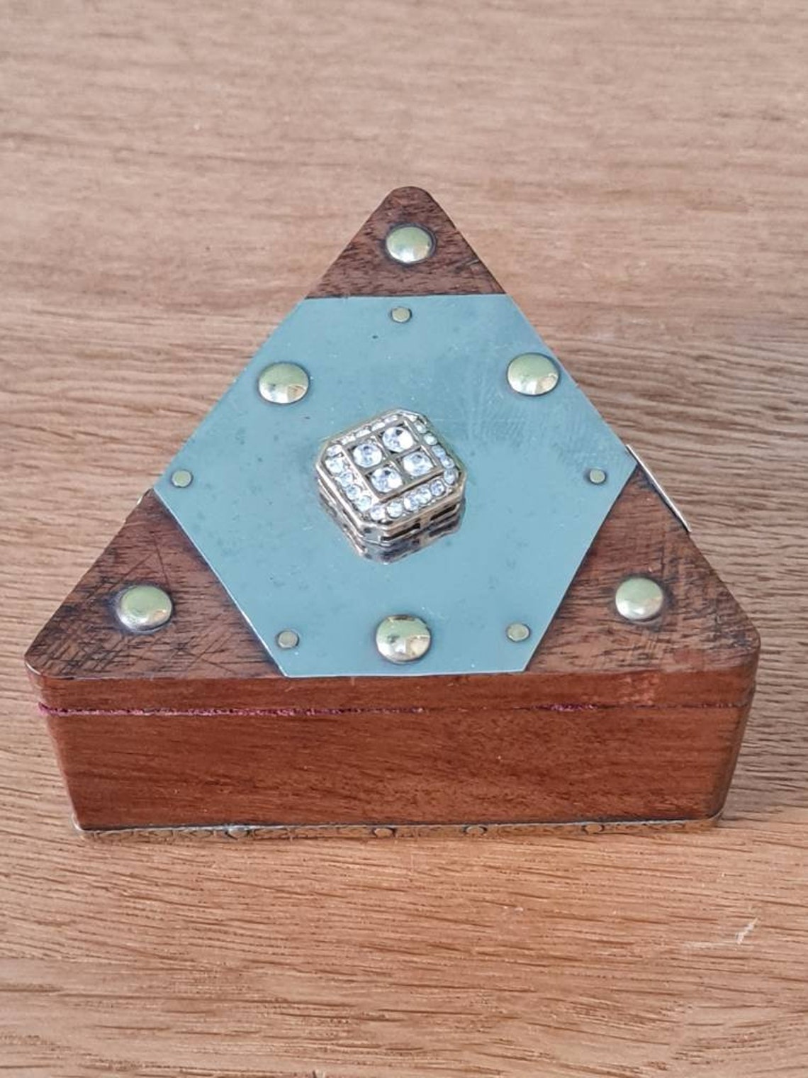 Vintage Triangular Trinket Box With Hinged Lid: Wood, Metal and Crystal ...