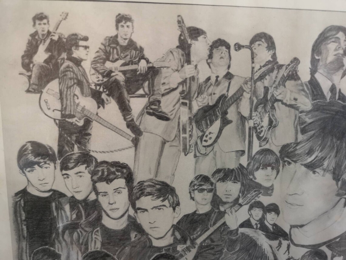 Vintage 1980s Beatles Pencil Drawing Montage, Collage Print Chris Reid ...