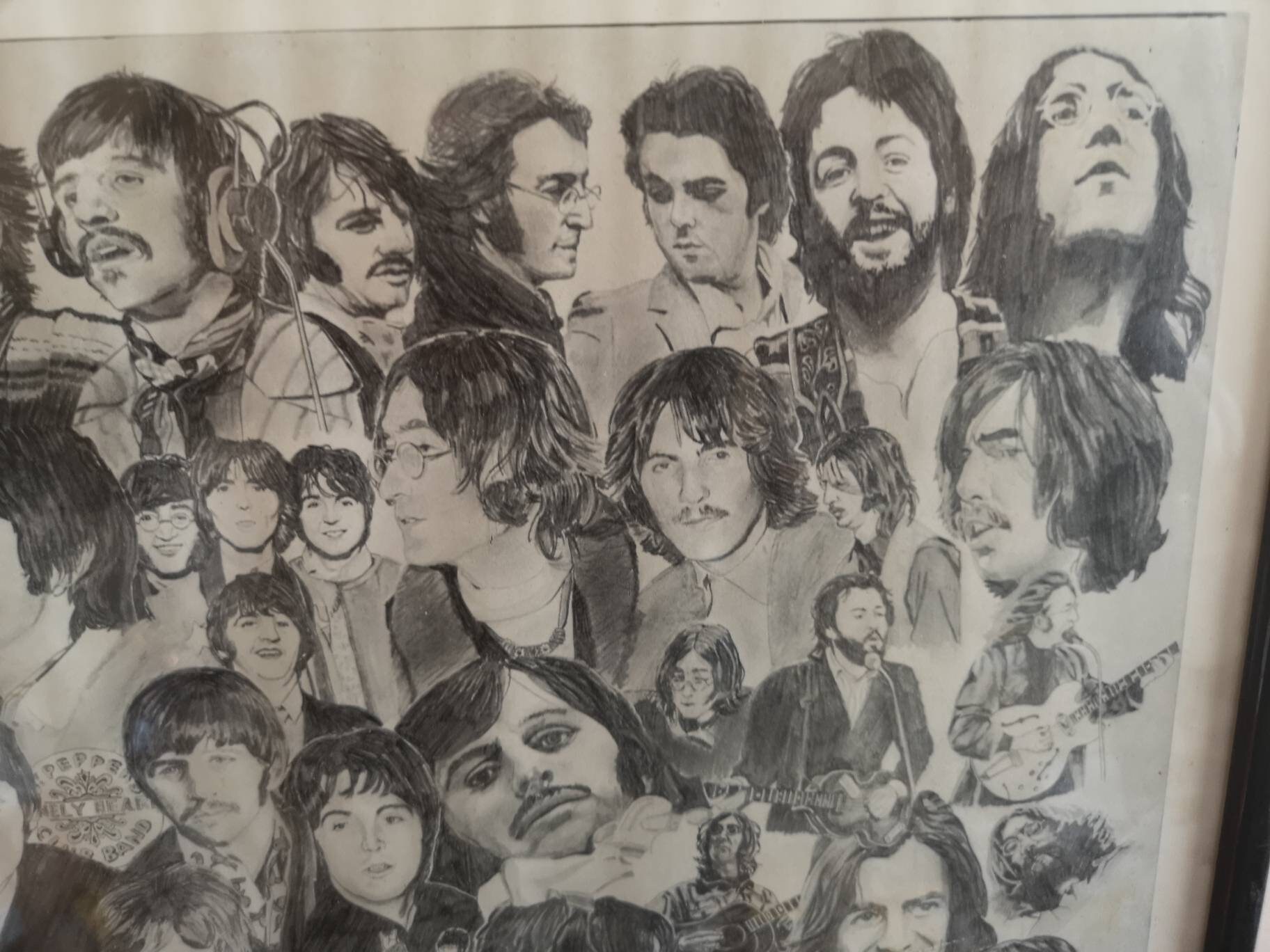 Vintage 1980s Beatles Pencil Drawing Montage, Collage Print Chris Reid ...
